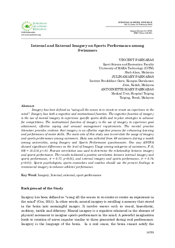 (PDF) Internal and External Imagery on Sports Performance among Swimmers
