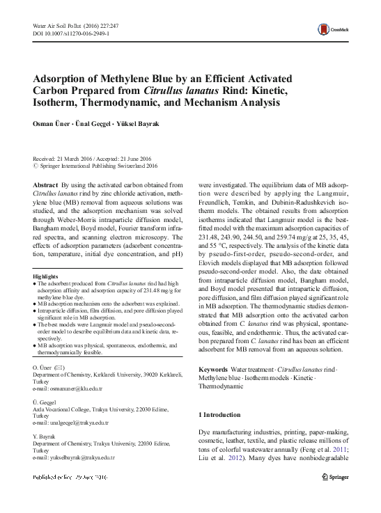 (PDF) Adsorption of Methylene Blue by an Efficient Activated Carbon Prepared from Citrullus ...