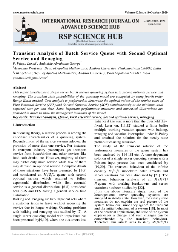 (PDF) Transient Analysis of Batch Service Queue with Second Optional Service and Reneging