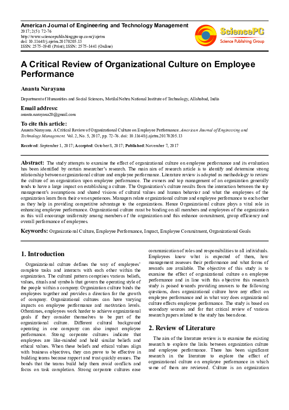 (PDF) A Critical Review of Organizational Culture on Employee Performance