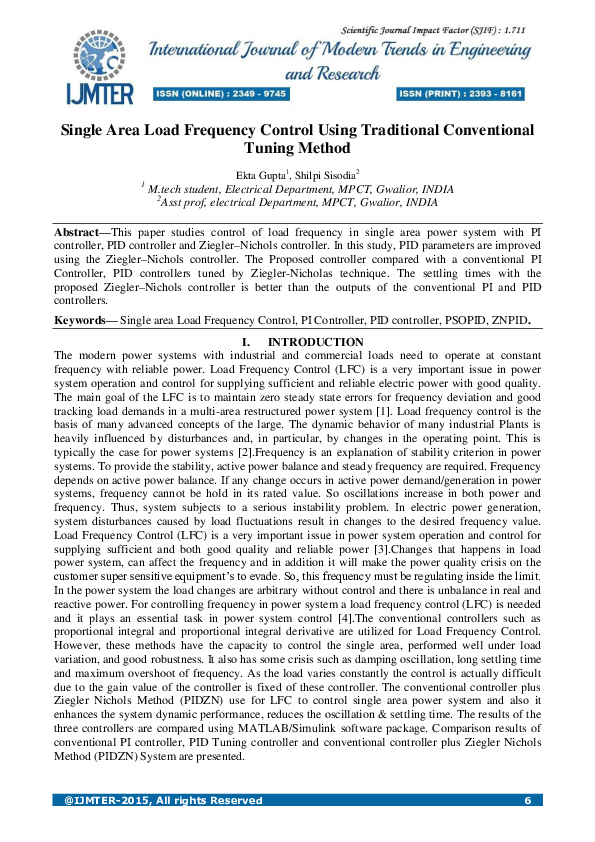 Pdf Single Area Load Frequency Control Using Traditional Conventional Tuning Method