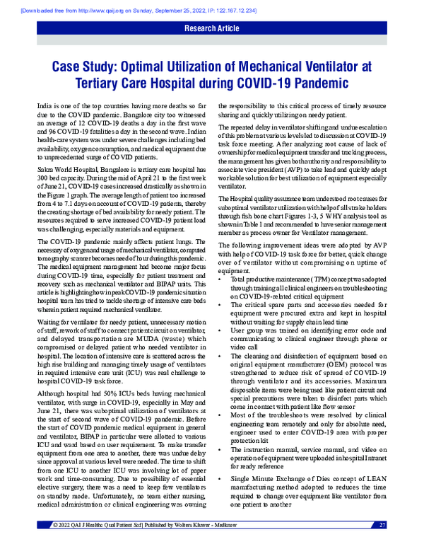 (PDF) Case study: Optimal utilization of mechanical ventilator at Tertiary Care Hospital during ...