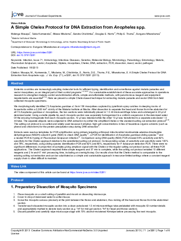 (PDF) A Simple Chelex Protocol for DNA Extraction from Anopheles spp