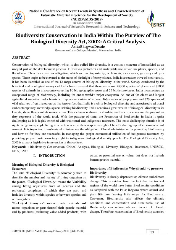 (PDF) Biodiversity Conservation in India Within The Purview of The ...