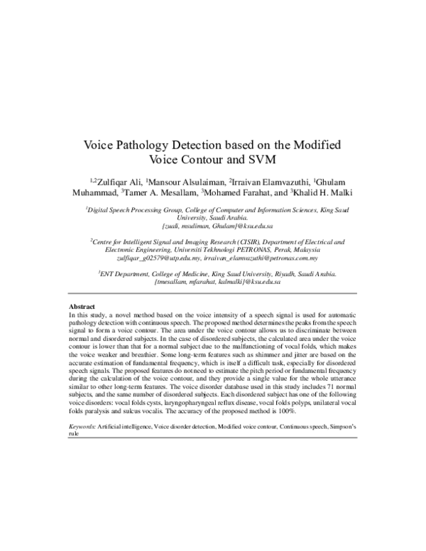 (PDF) Voice pathology detection based on the modified voice contour and SVM