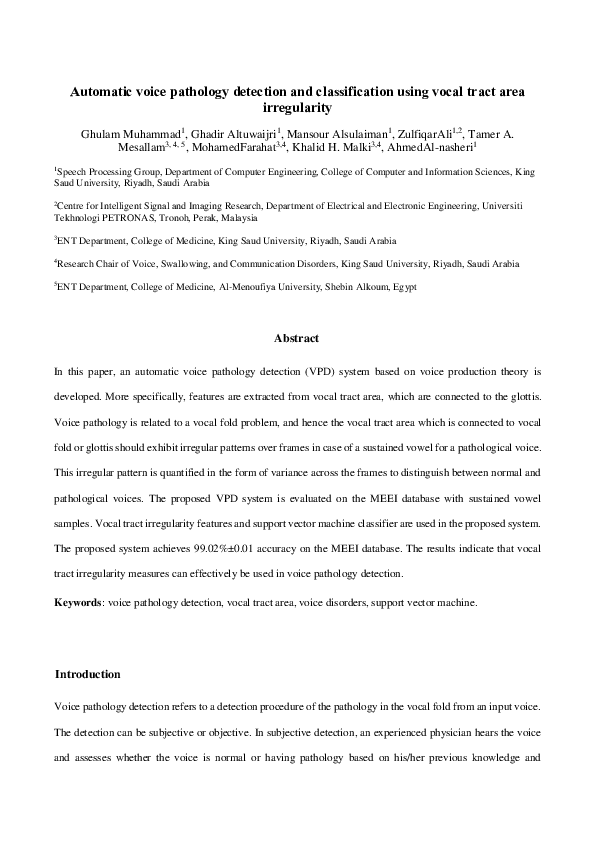 (PDF) Automatic voice pathology detection and classification using vocal tract area irregularity
