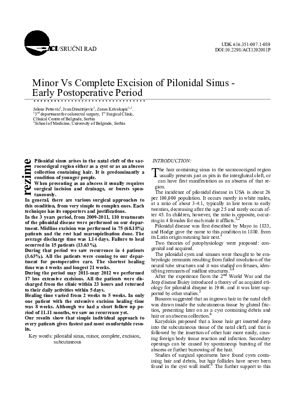 (PDF) Minor vs complete excision of pilonidal sinus: Early ...