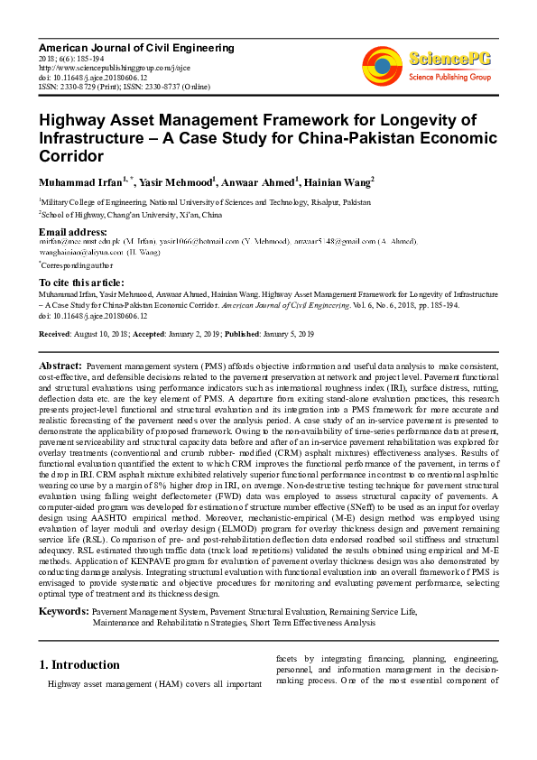 Pdf Developing A Framework For An Efficacious Highway Asset Management System In Pakistan