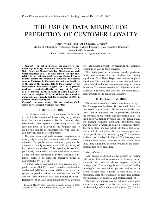 (PDF) Use of Data Mining for Prediction of Customer Loyalty