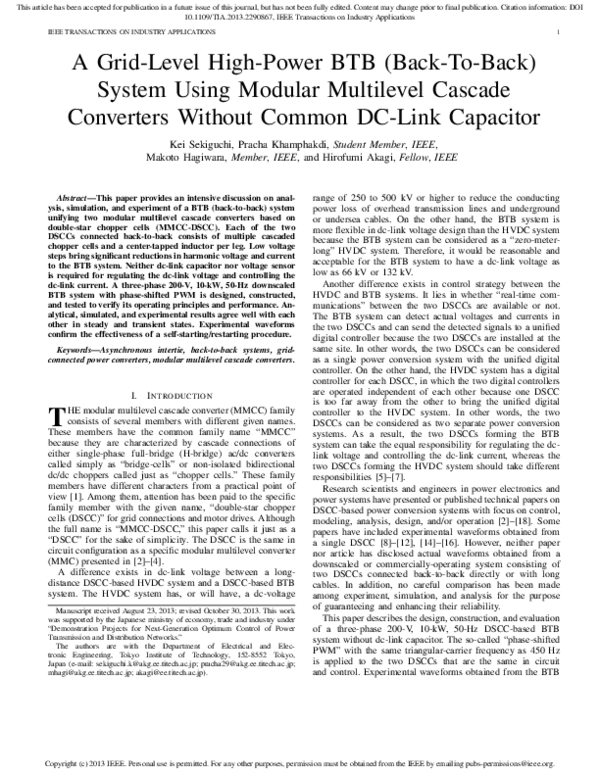 (PDF) A Grid-Level High-Power BTB (Back-To-Back) System Using Modular Multilevel Cascade ...
