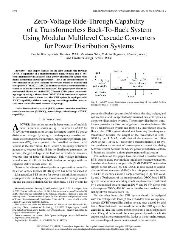 (PDF) Zero-Voltage Ride-Through Capability of a Transformerless Back-To ...