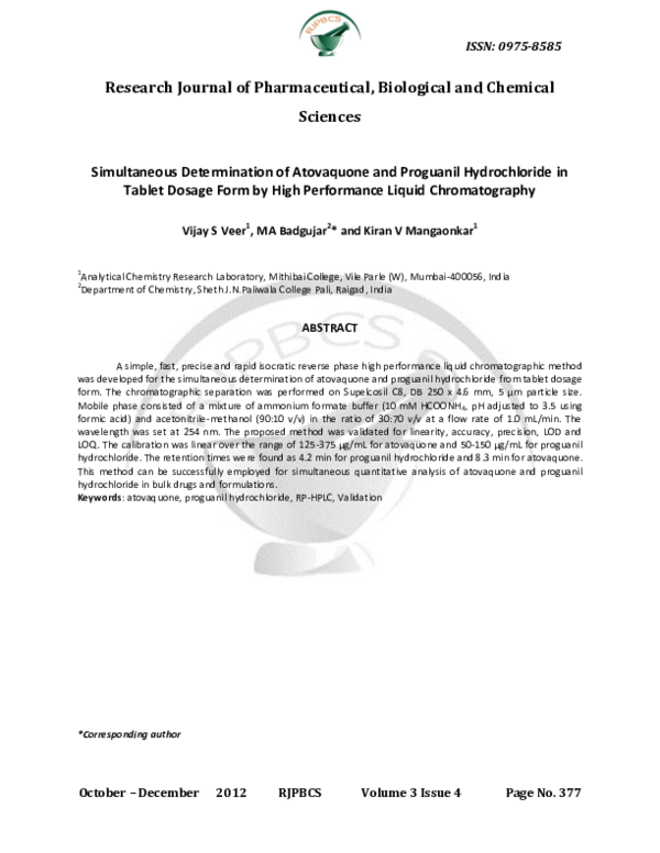 (PDF) Simultaneous Determination of Atovaquone and Proguanil ...