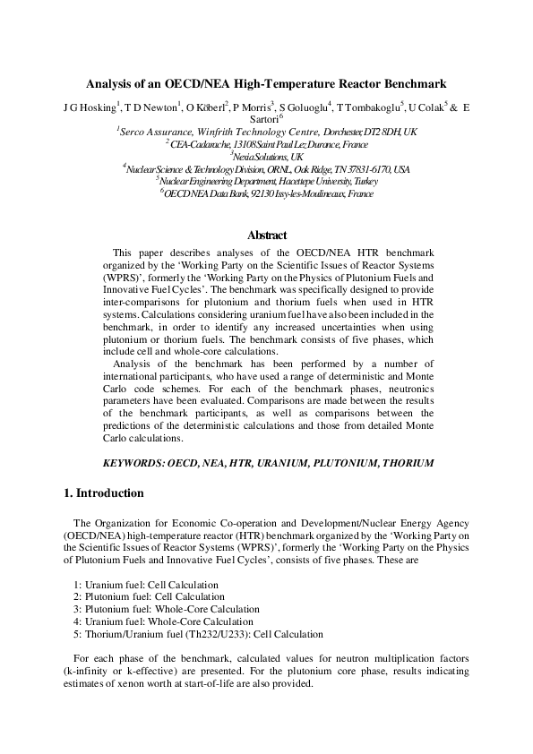 (PDF) Analysis of an OECD/NEA High-Temperature Reactor Benchmark