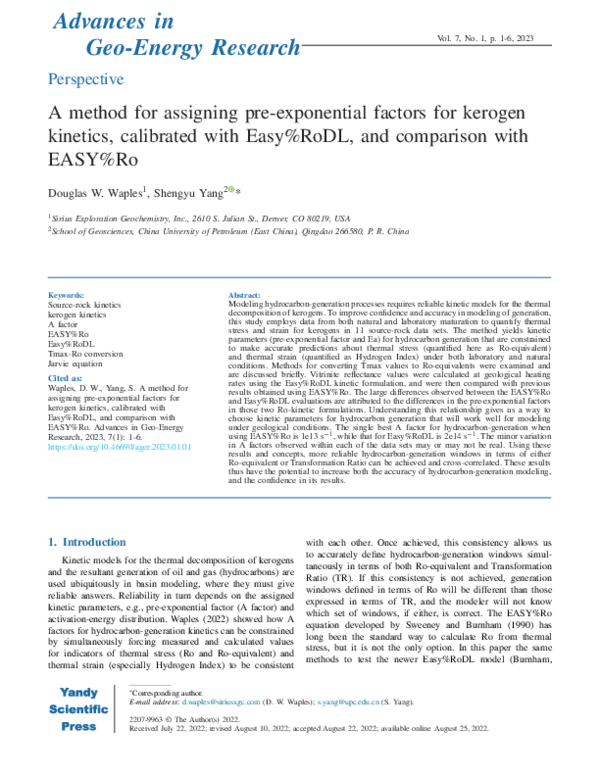 (PDF) A method for assigning pre-exponential factors for kerogen kinetics, calibrated with Easy ...
