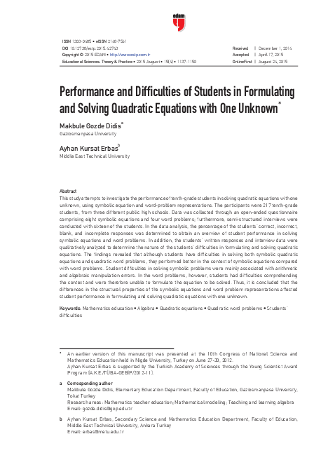 (PDF) Performance and Difficulties of Students in Formulating and Solving Quadratic Equations ...