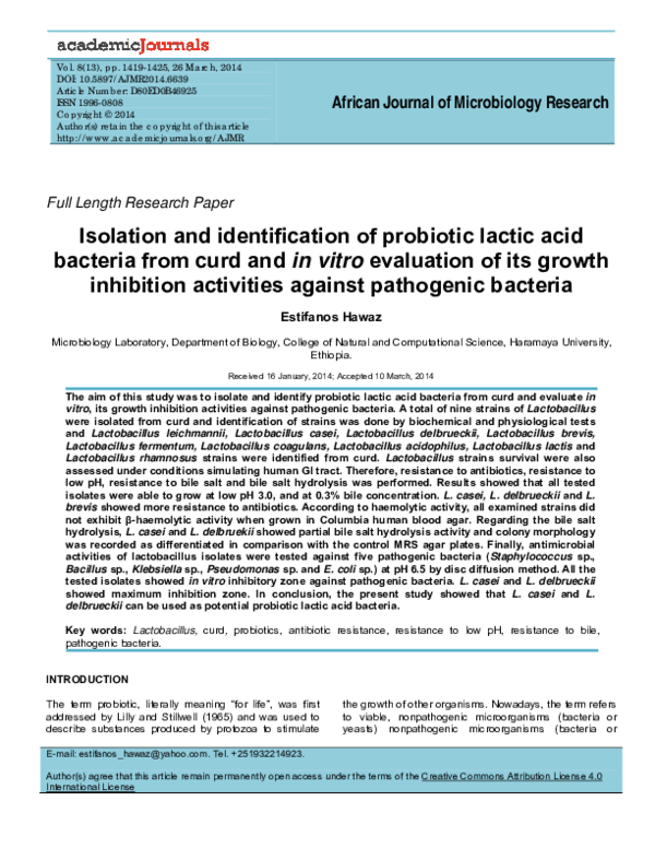 (PDF) Isolation and identification of probiotic lactic acid bacteria from curd and in vitro ...