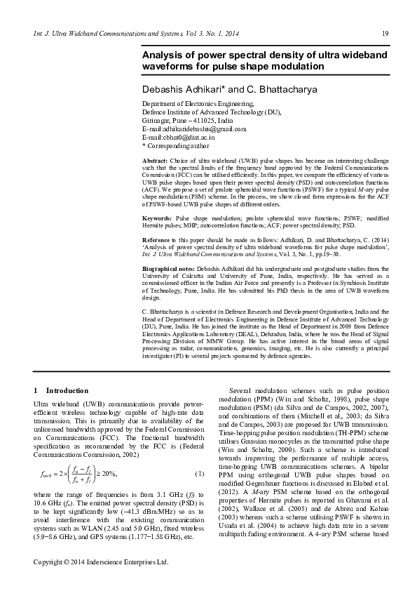 Pdf Analysis Of Power Spectral Density Of Ultra Wideband Waveforms For Pulse Shape Modulation