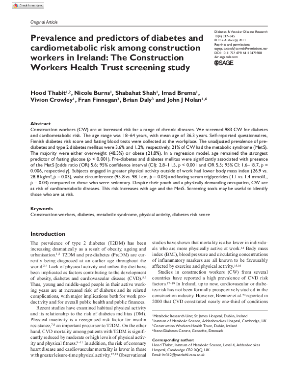 (PDF) Prevalence and predictors of diabetes and cardiometabolic risk ...
