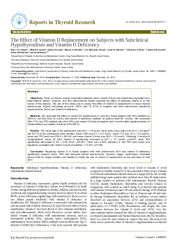 (PDF) The Effect of Vitamin D Replacement on Subjects with Subclinical ...