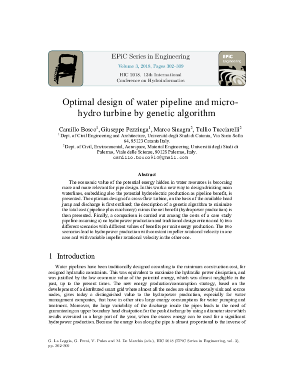 (PDF) Optimal Design of Water Pipeline and Micro-Hydro Turbine by Genetic Algorithm