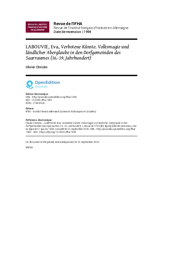 (PDF) LABOUVIE, Eva, Verbotene Künste. Volksmagie und ländlicher ...