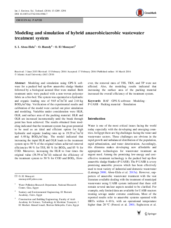 (PDF) Modeling and simulation of hybrid anaerobic/aerobic wastewater treatment system