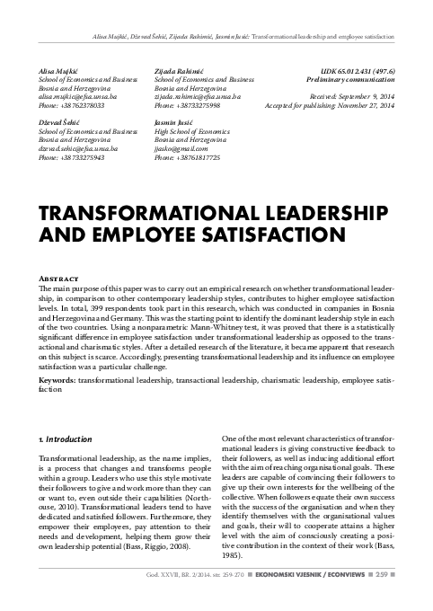 (PDF) Transformational leadership and employee satisfaction