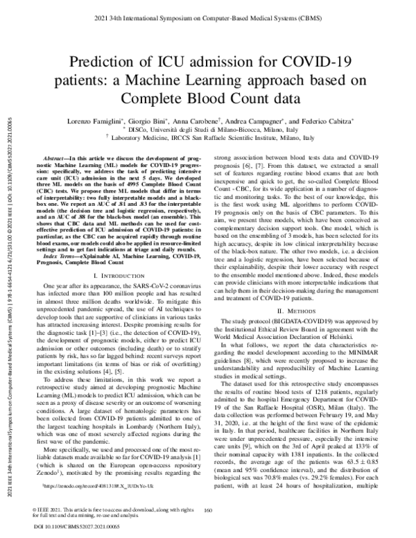 (PDF) Prediction of ICU admission for COVID-19 patients: a Machine ...
