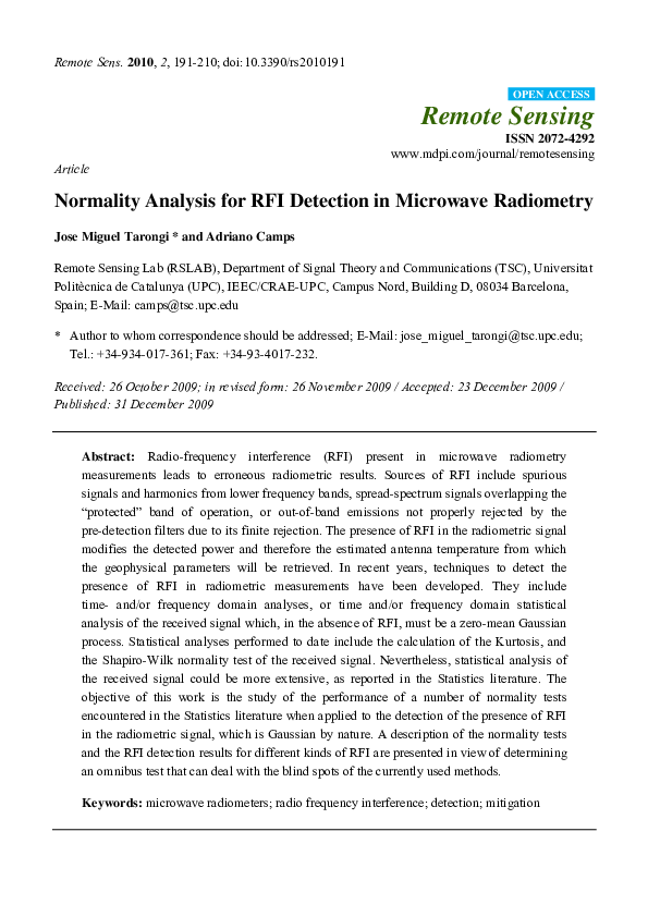 Pdf Normality Analysis For Rfi Detection In Microwave Radiometry
