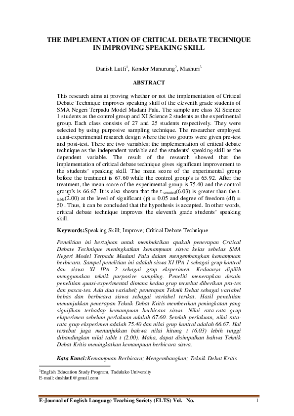 (PDF) The Implementation of Critical Debate Technique in Improving Speaking Skill