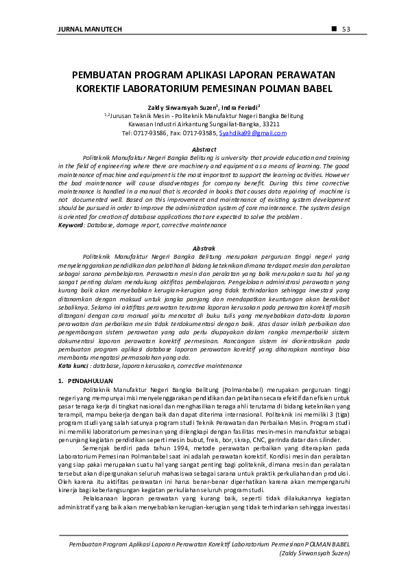 (PDF) Pembuatan Program Aplikasi Laporan Perawatan Korektif Laboratorium Pemesinan Polman Babel