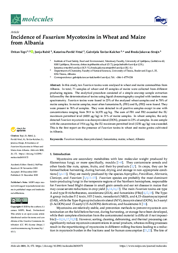 (PDF) Incidence of Fusarium Mycotoxins in Wheat and Maize from Albania