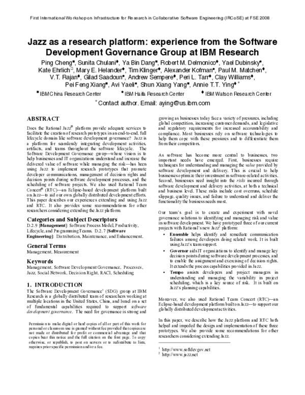 (PDF) Jazz as a research platform: experience from the Software ...