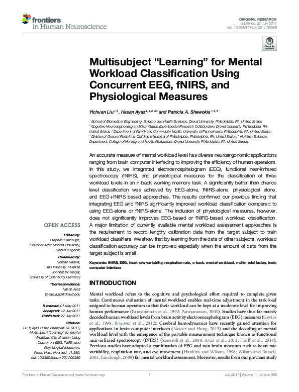 (PDF) Multisubject “Learning” for Mental Workload Classification Using ... (PDF) Multisubject “Learning” for Mental Workload Classification Using ...