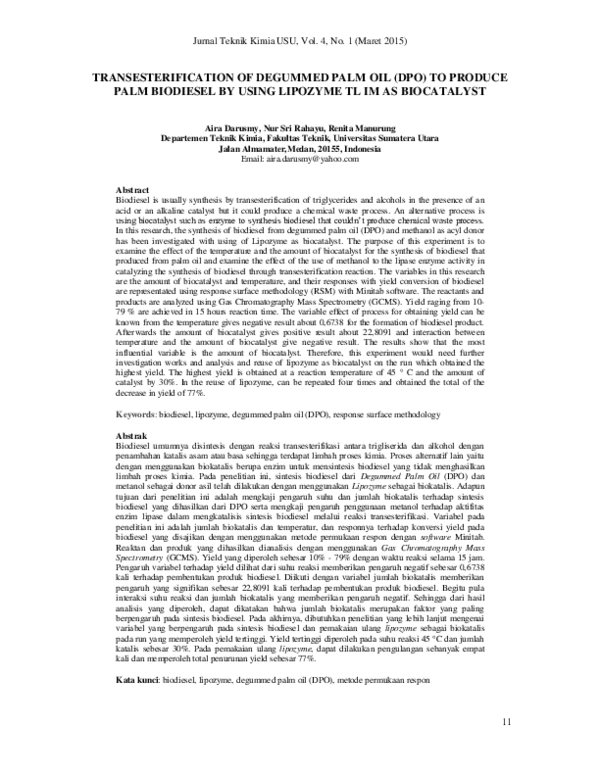 (PDF) Biodiesel Production from Degummed Palm Oil using Lipozyme