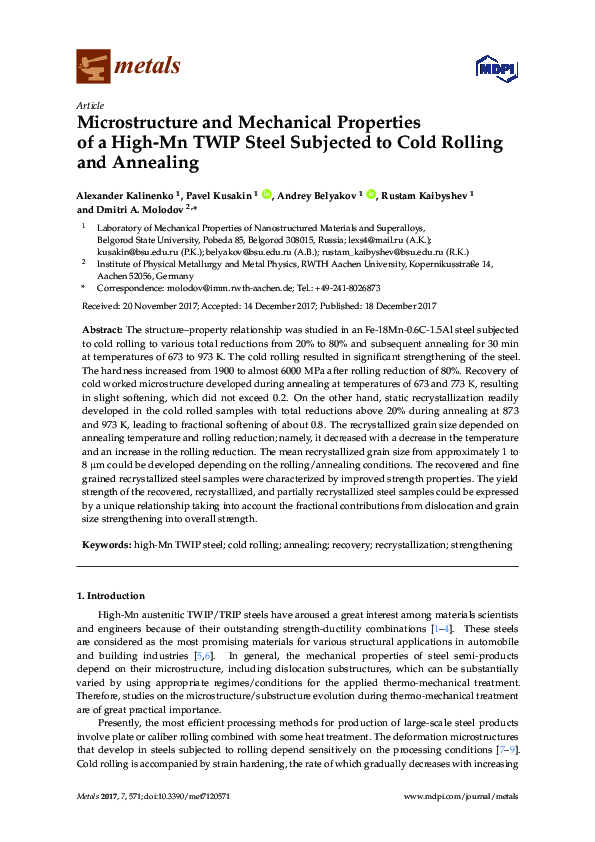 (PDF) Improving Mechanical Properties of 18%Mn TWIP Steels by Cold Rolling and Annealing ...