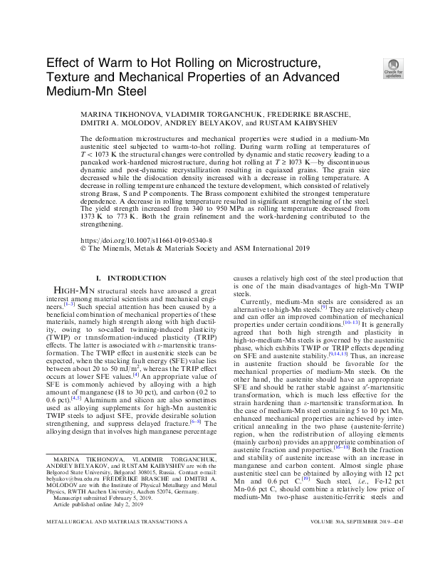 (PDF) Effect of Warm to Hot Rolling on Microstructure, Texture and Mechanical Properties of an ...