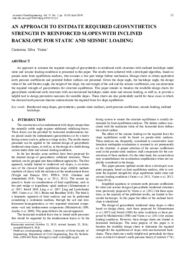 (PDF) An Approach to Estimate Required Geosynthetics Strength in Reinforced Slopes with Inclined ...