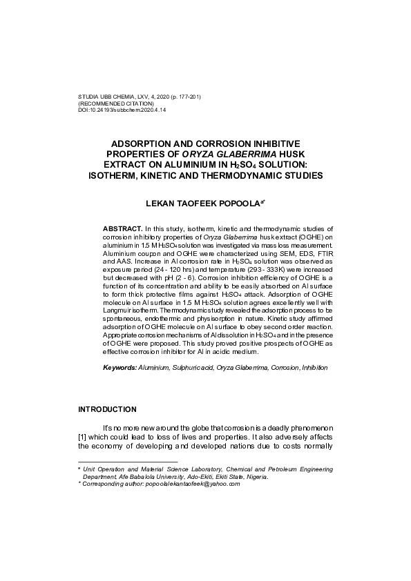 (PDF) Adsorption and corrosion inhibitive properties of Oryza Glaberrima husk extract on ...