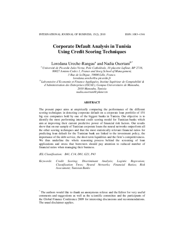 (PDF) Corporate default analysis in Tunisia using credit scoring techniques
