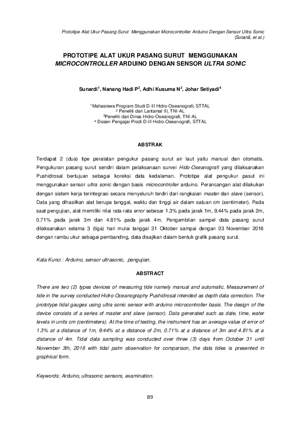 Pdf Prototipe Alat Ukur Pasang Surut Menggunakan Microcontroller Arduino Dengan Sensor Ultra Sonic