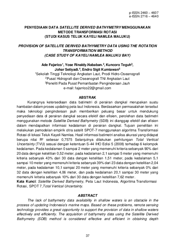 (PDF) Penyediaan Data Satellite Derived Bathymetry Menggunakan Metode Transformasi Rotasi (Studi ...