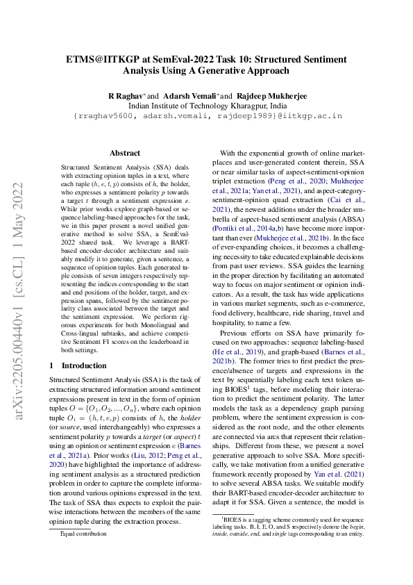 (PDF) ETMS@IITKGP at SemEval-2022 Task 10: Structured Sentiment Analysis Using A Generative Approach