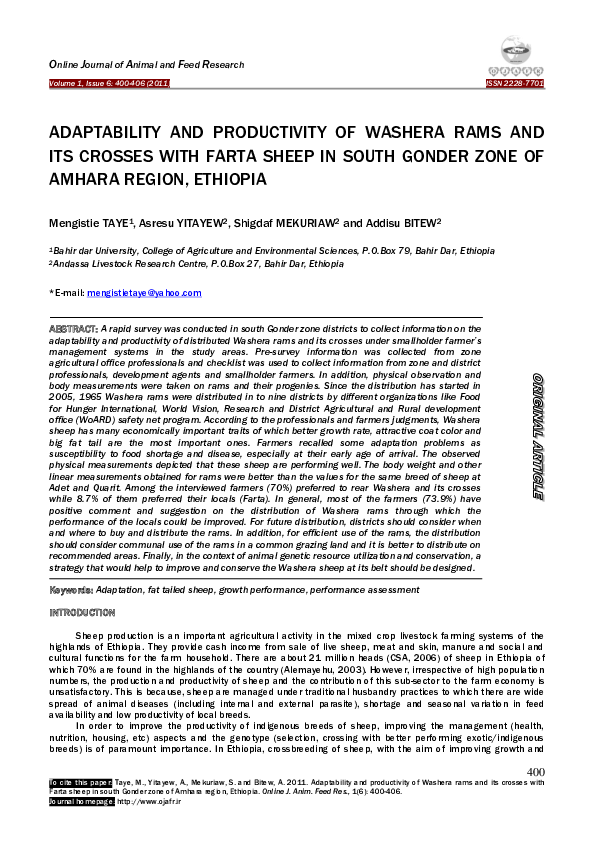 (PDF) Adaptability and Productivity of Washera Rams and Its Crosses ...