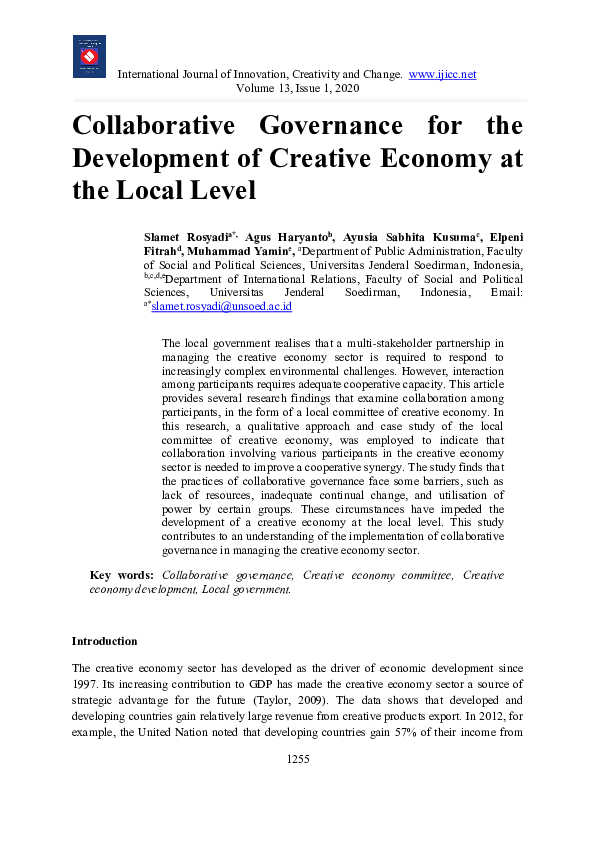 (PDF) Collaborative Governance for the Development of Creative Economy at the Local Level