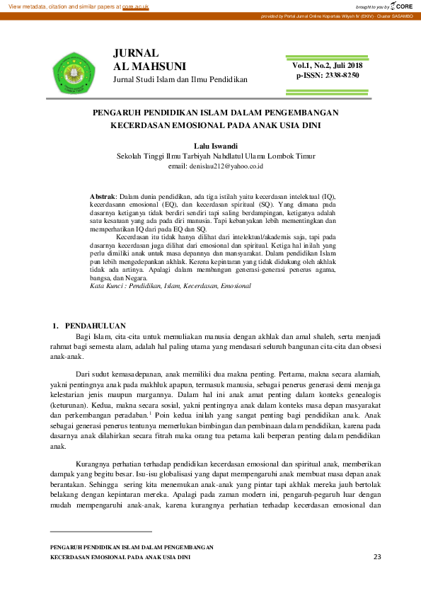 (PDF) Pengaruh Pendidikan Islam Dalam Pengembangan Kecerdasan Emosional Pada Anak Usia Dini