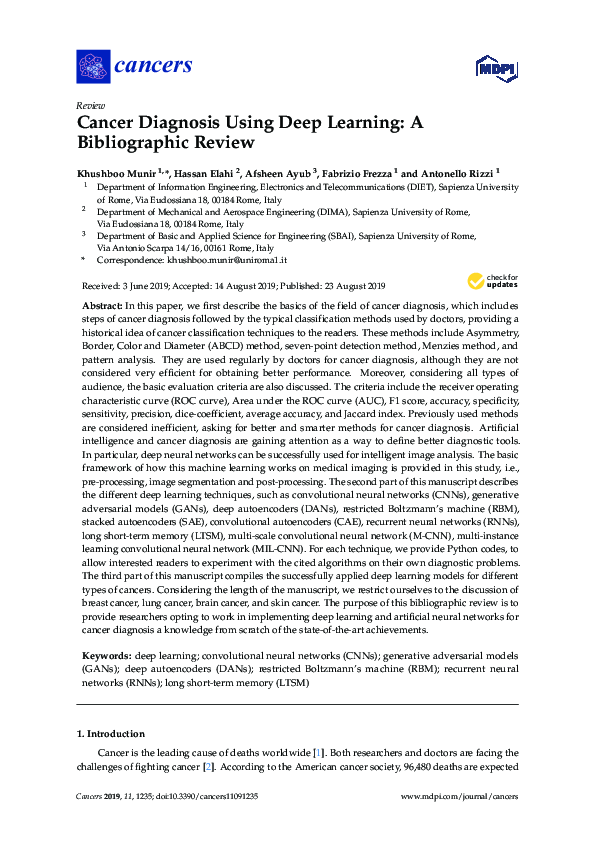 (PDF) Cancer Diagnosis Using Deep Learning: A Bibliographic Review