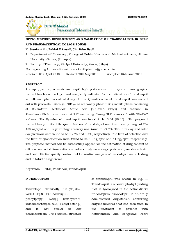 (PDF) Hptlc method development and validation of trandolapril in bulk and pharmaceutical dosage ...