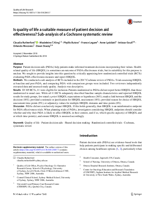 Pdf Is Quality Of Life A Suitable Measure Of Patient Decision Aid Effectiveness Sub Analysis