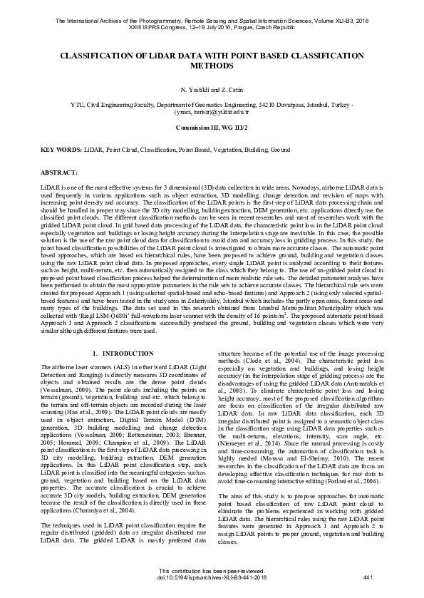 (PDF) CLASSIFICATION OF LiDAR DATA WITH POINT BASED CLASSIFICATION ... (PDF) CLASSIFICATION OF LiDAR DATA WITH POINT BASED CLASSIFICATION ...